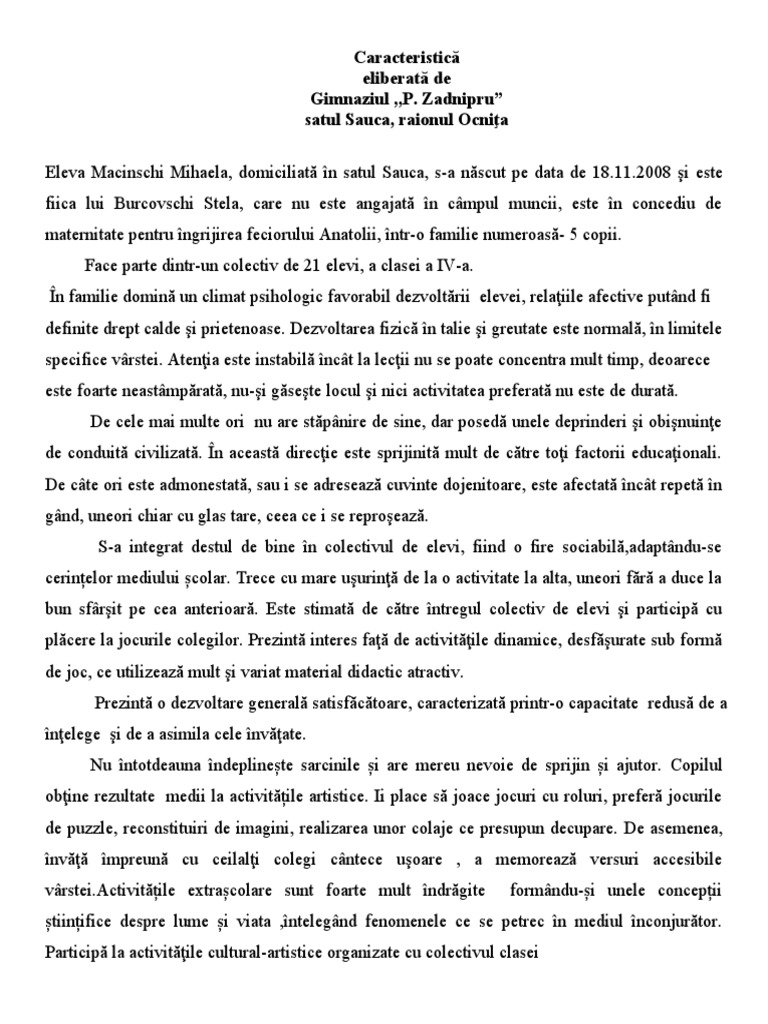 Caracterizare Elev Cu Ces | PDF