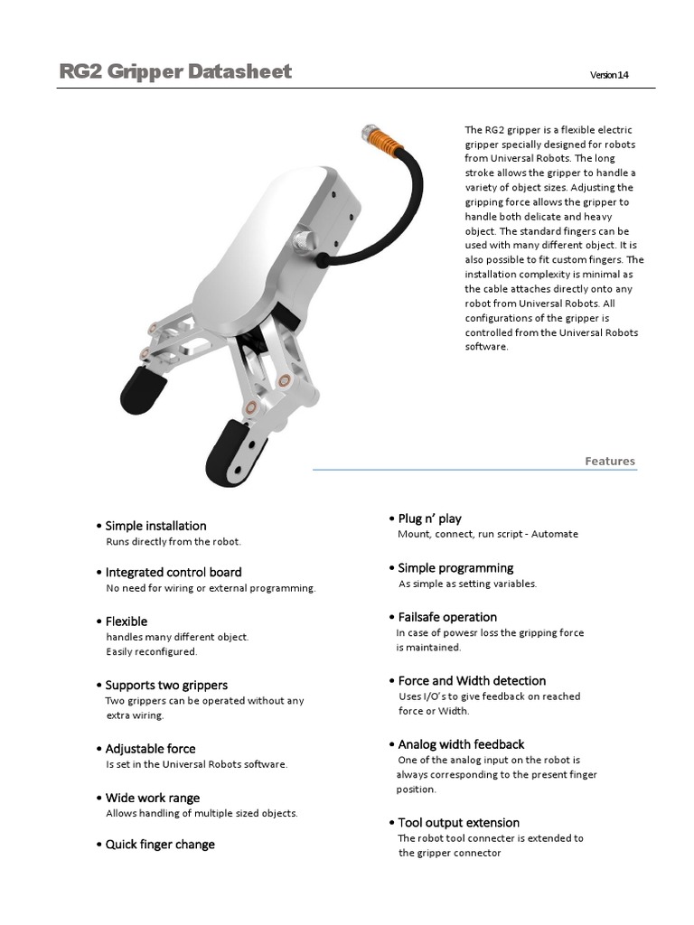 RG2 Gripper Datasheet: Features | PDF | Robot | Robotics