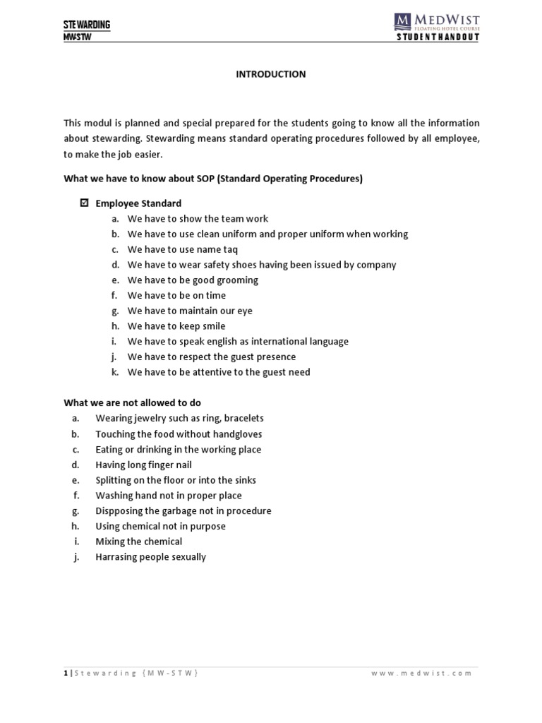 Stewarding Procedures and Safety Guide | PDF | Personal Protective ...