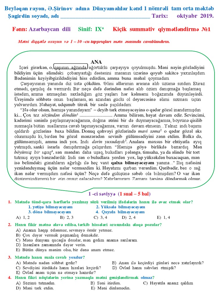 Azərbaycan Dili 9 Sinif ksq-1 Mürsəlzadə | PDF
