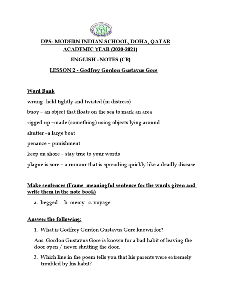 Godfrey Gordon Gustavus Gore Poem Summary | PDF
