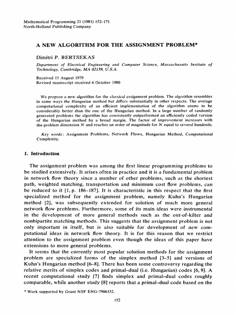 Bertsekas A New Algorithm Assignment Problem Mathematical Programming 1981 Pdf Computational 