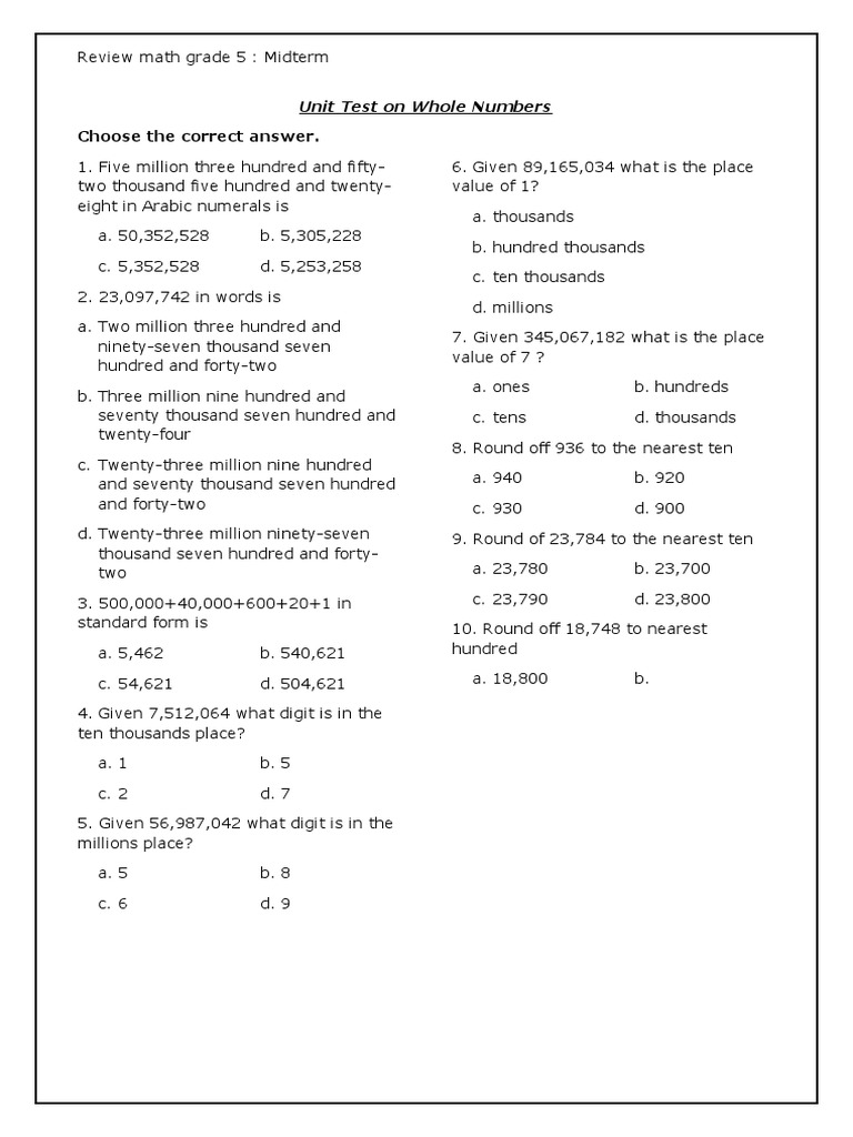 Choose The Correct Answer.: Unit Test On Whole Numbers | PDF | Applied ...