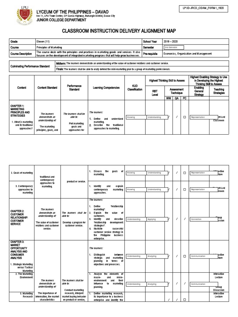 Classroom Instruction Delivery Alignment Map: Lyceum of The Philippines ...