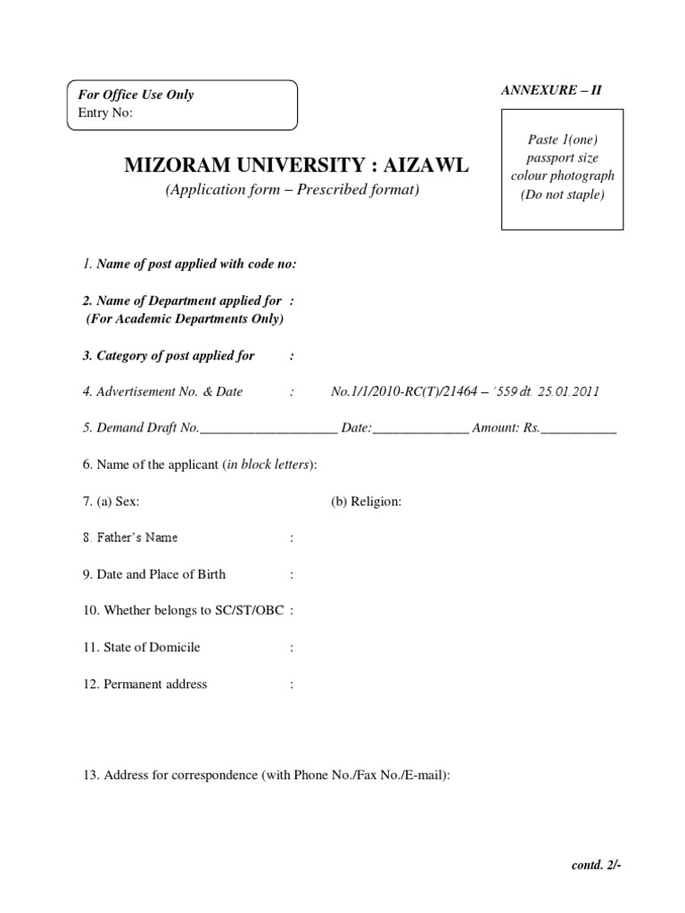 Mizoram University: Aizawl: (Application Form - Prescribed Format ...