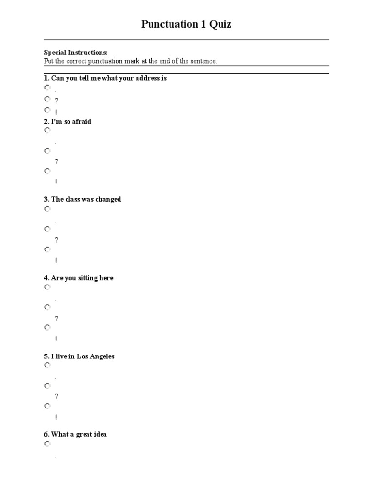 Punctuation Marks Quiz Instructions | PDF | Language Arts & Discipline
