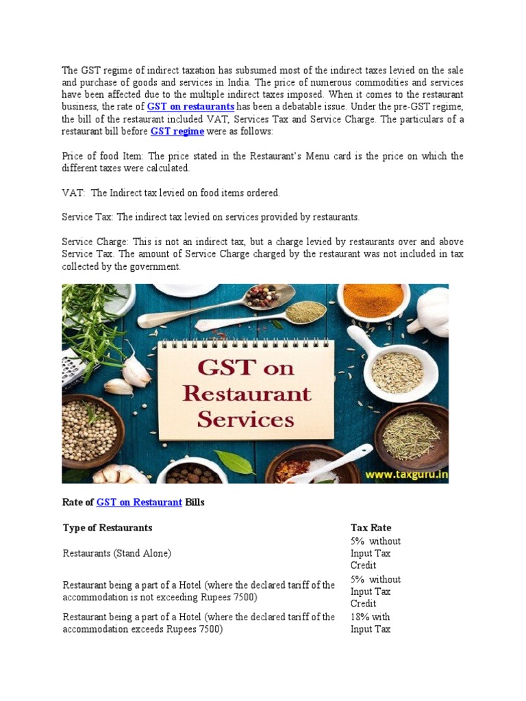 GST On Restaurants GST Regime: Rate of Bills Type of Restaurants Tax ...