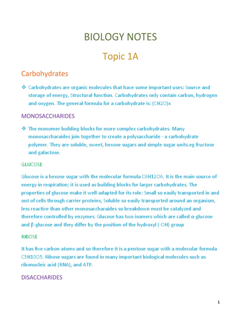 Biology Notes: Topic 1A | PDF | Triglyceride | Carbohydrates