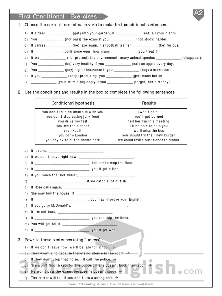 First Conditional - Exercises : 1. Choose The Correct Form of Each Verb ...