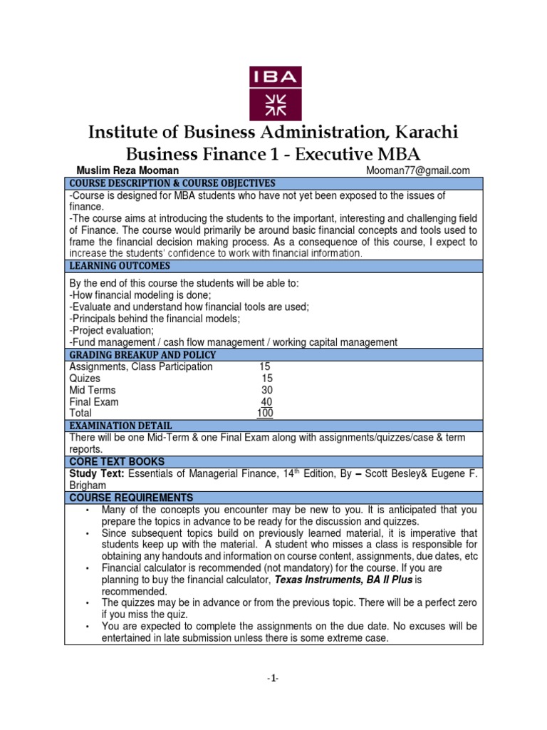 0-BF-1 MBA Course Outline | PDF | Valuation (Finance) | Capital Budgeting