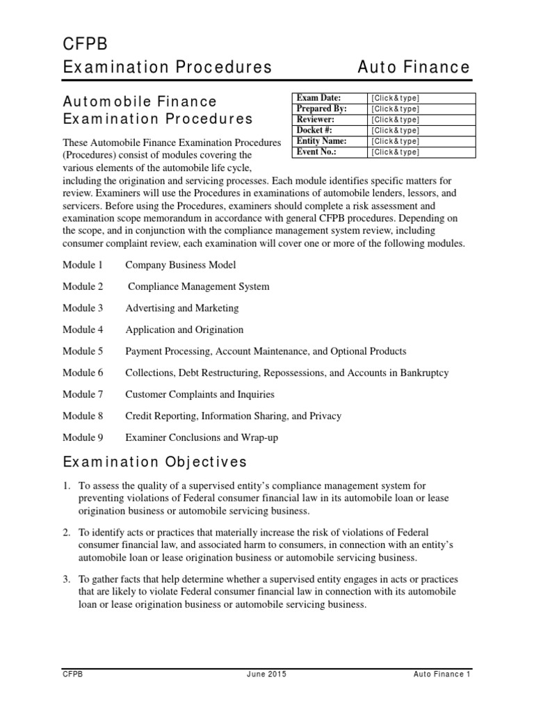 CFPB Examination Procedures Auto Finance | PDF | Truth In Lending Act ...