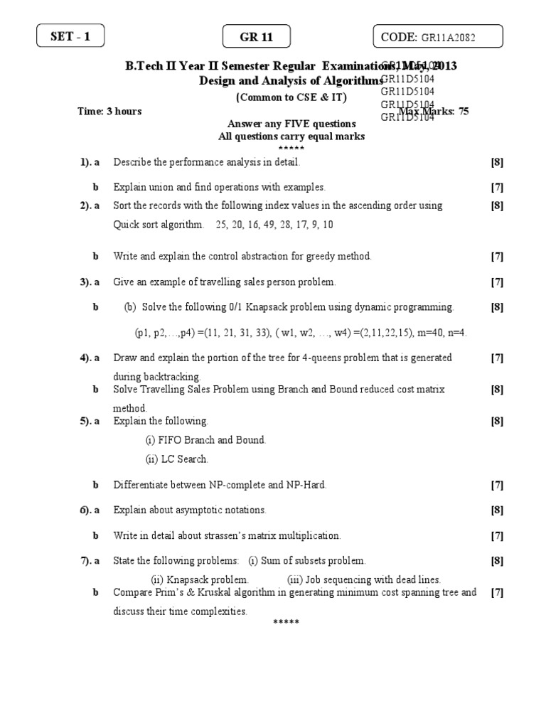 Set - 1 GR 11 B.Tech II Year II Semester Regular Examinations, May, 2013 Design and Analysis of ...