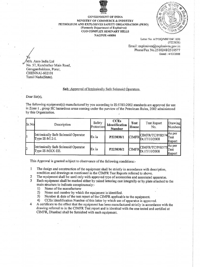 CCOE-CMRI Certificate For IS Enclosures | PDF