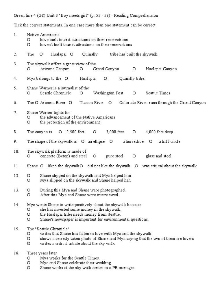 Green Line 4 - G8 - Unit 3 - Boy Meets Girl - Reading Comprehension ...