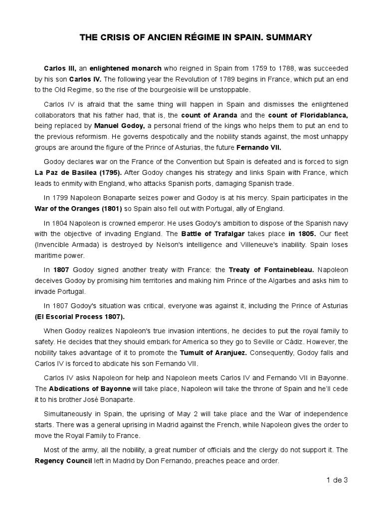 The Crisis Of Ancien Régime In Spain Summary Pdf Peninsular War