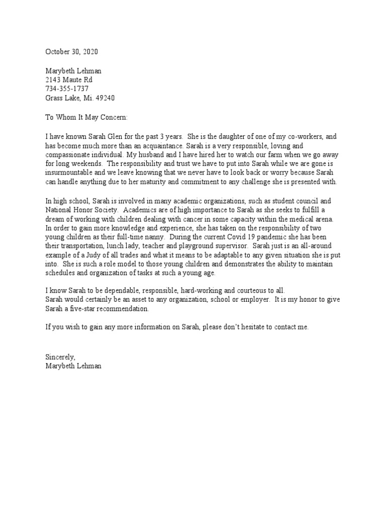 Marybeth Letter For Sarah | PDF