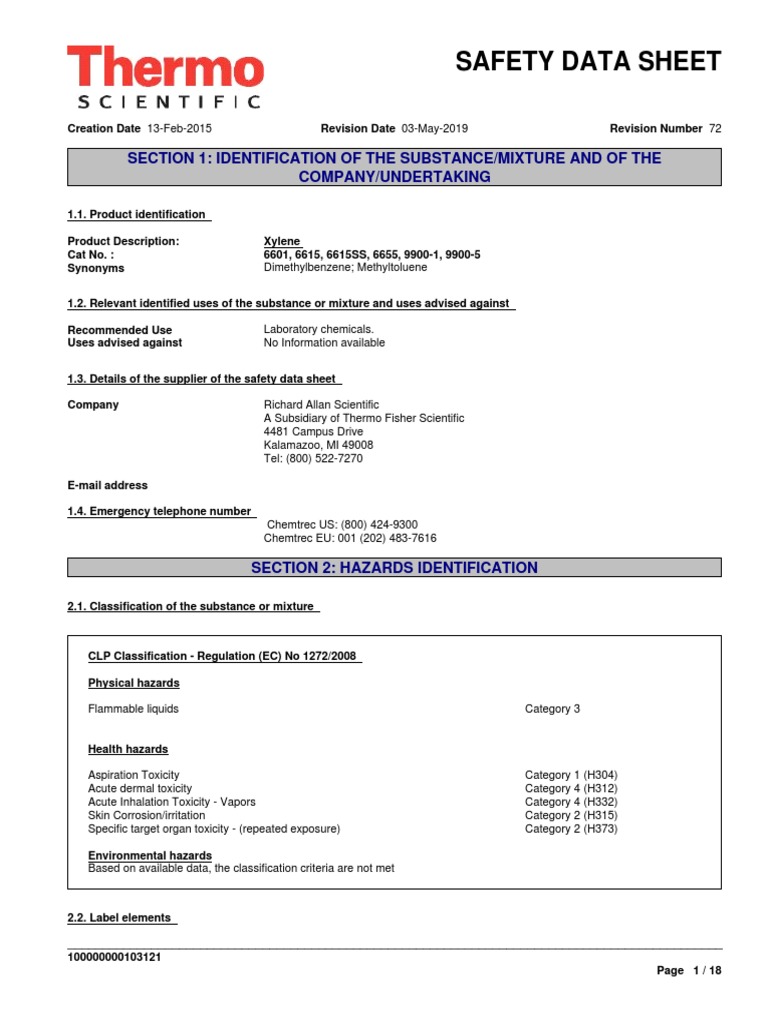 Msds Xylene | PDF | Toxicity | Working Conditions