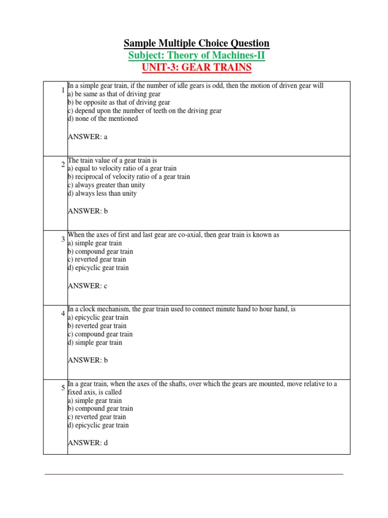 Subject: Theory of Machines-II: Sample Multiple Choice Question | PDF ...