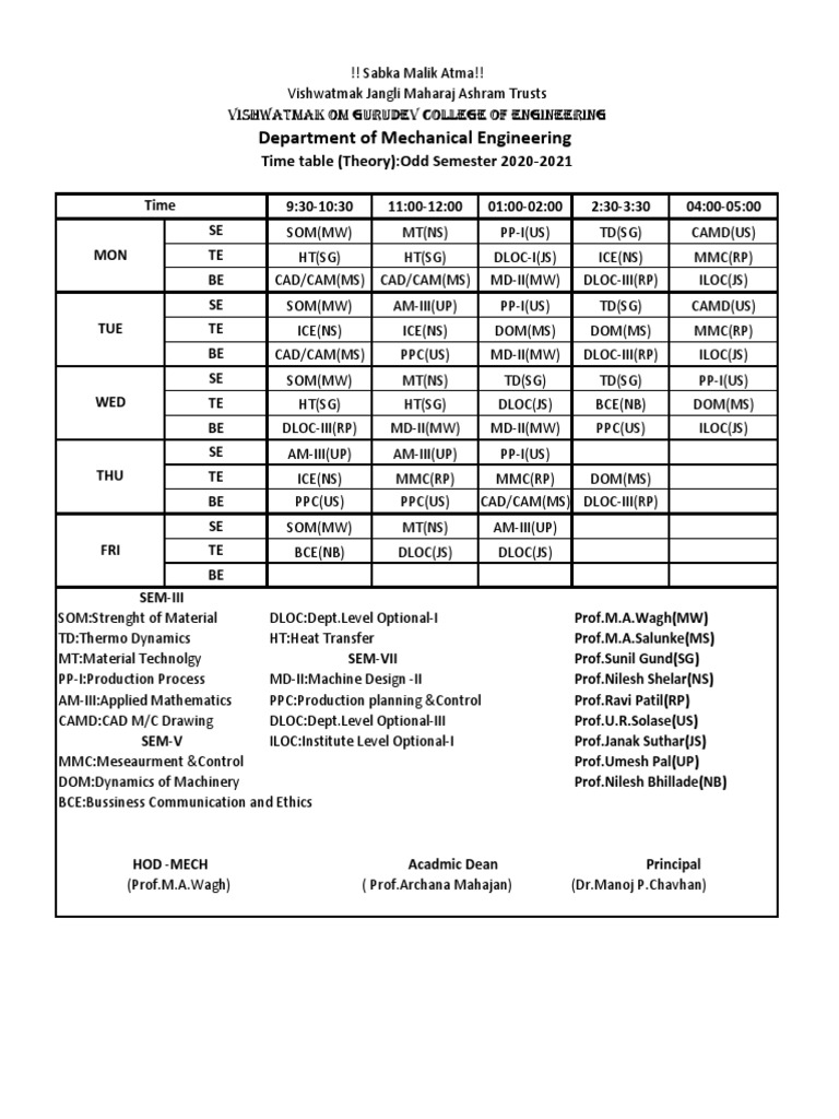 Mechanical Engineering Timetable 2020-21 | PDF | Engineering | Nature