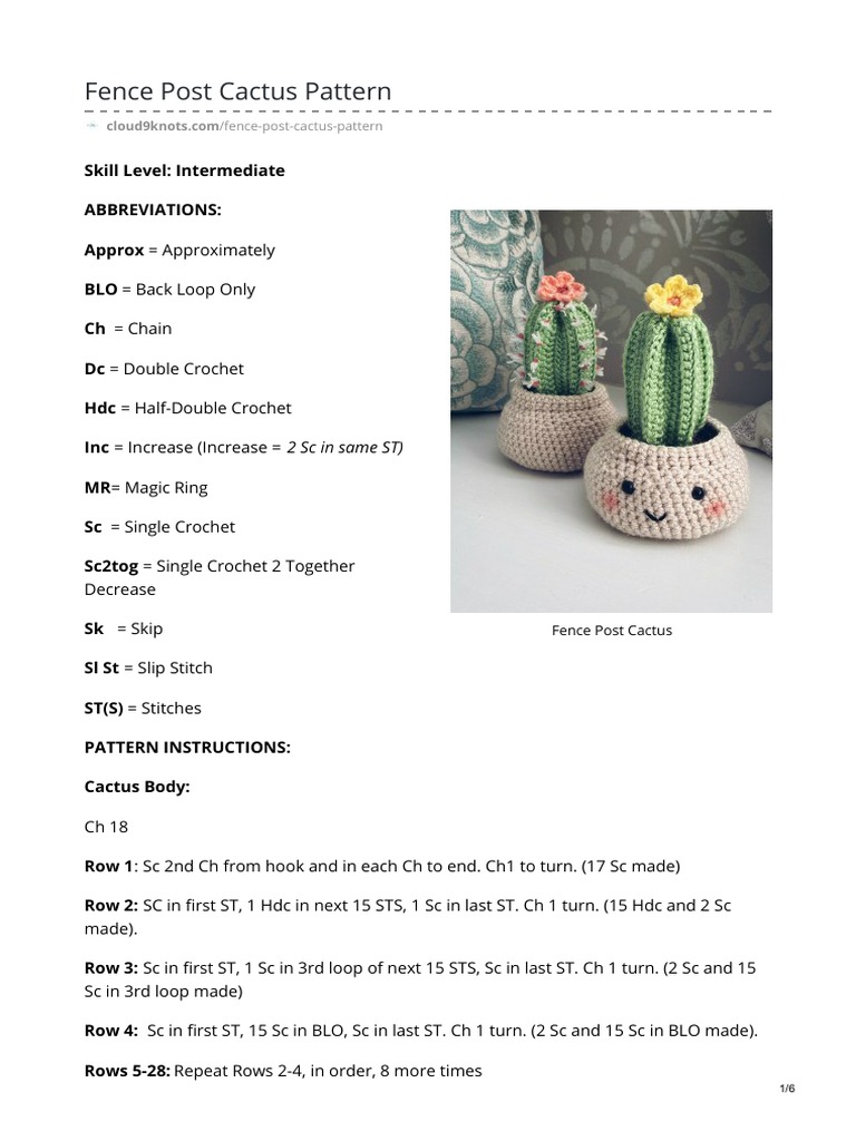 Fence Post Cactus Pattern: Decrease | PDF | Crochet | Sewing