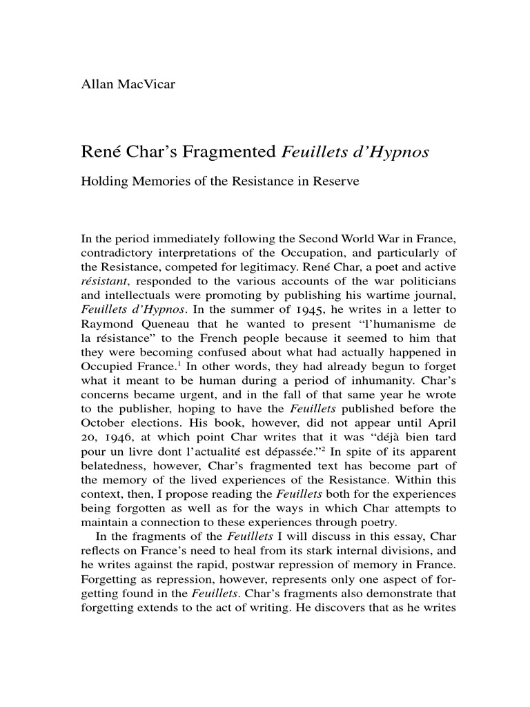 MacVICAR - René Char S Fragmented Feuillets D'hypnos - Holding Memories of The Resistance in ...