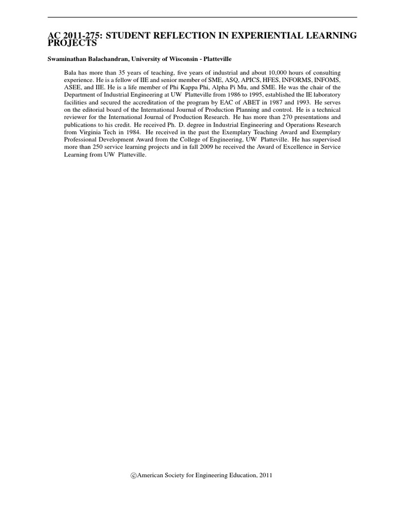 Ac 2011-275: Student Reflection in Experiential Learning Projects | PDF ...