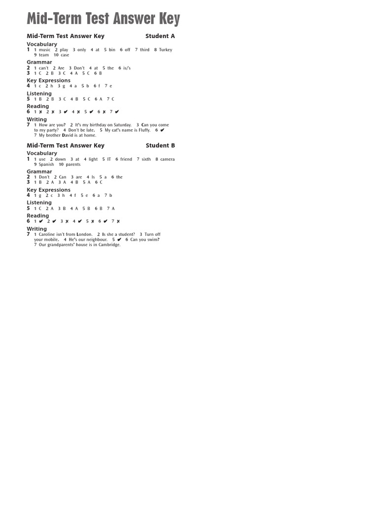 Mid Term Test Answer Key Student A Pdf