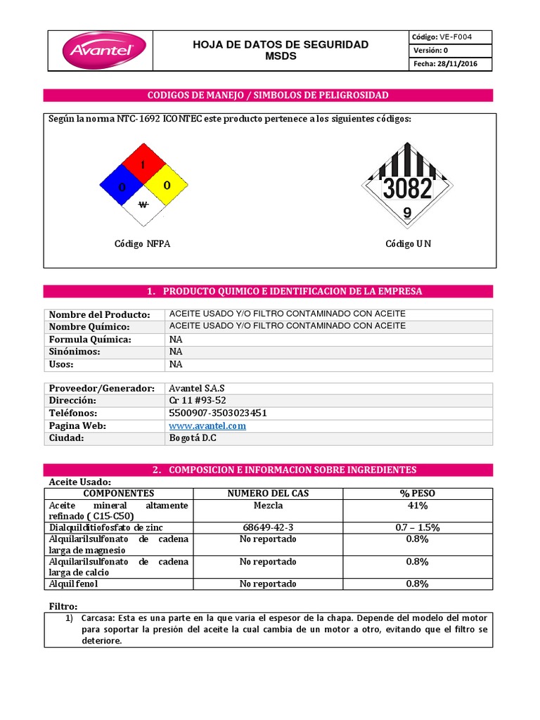Hoja de Seguridad Aceite Usado o Filtro Contaminado PDF | PDF ...