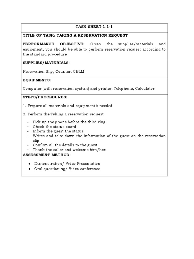 Task Sheet 1.1-1 Title of Task: Taking A Reservation Request PERFORMANCE OBJECTIVE: Given The ...