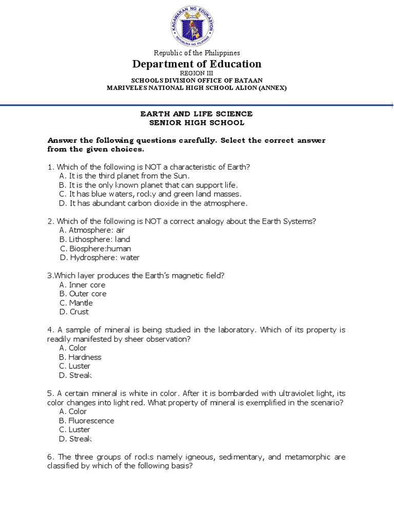 Grade 11 Summative Test in Earth and Life | PDF | Rock (Geology ...