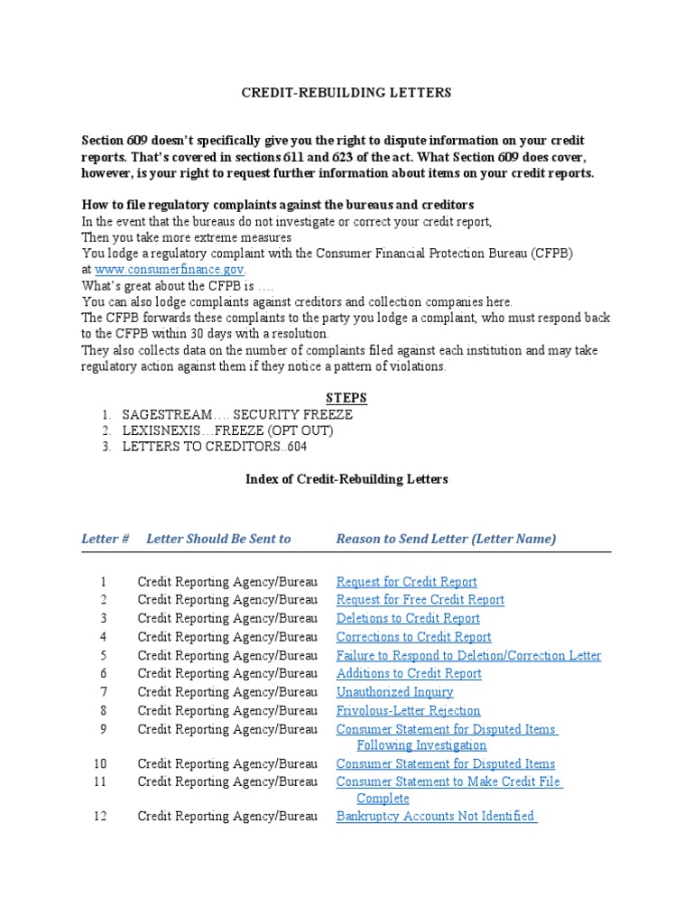 Templates of Credit Rebuilding Letters | PDF | Credit History | Credit ...