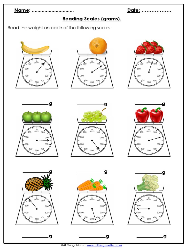 Name: .............................. Date: Reading Scales (Grams) | PDF