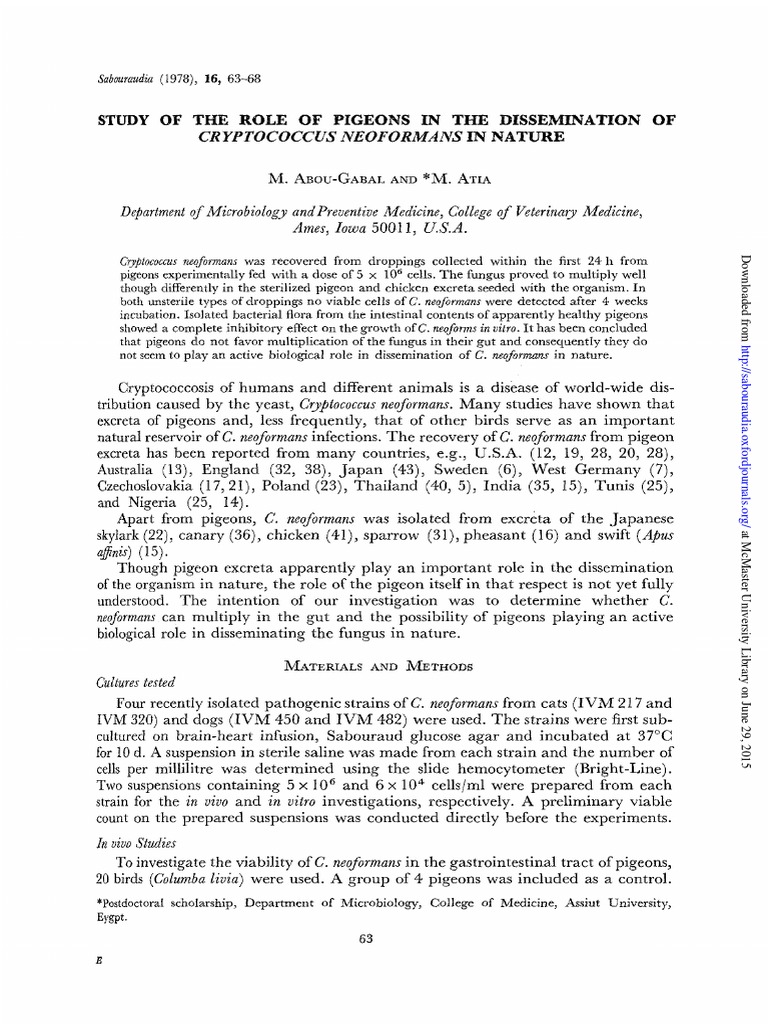 Study of The Role of Pigeons in The Dissemination of Cryptococcus ...