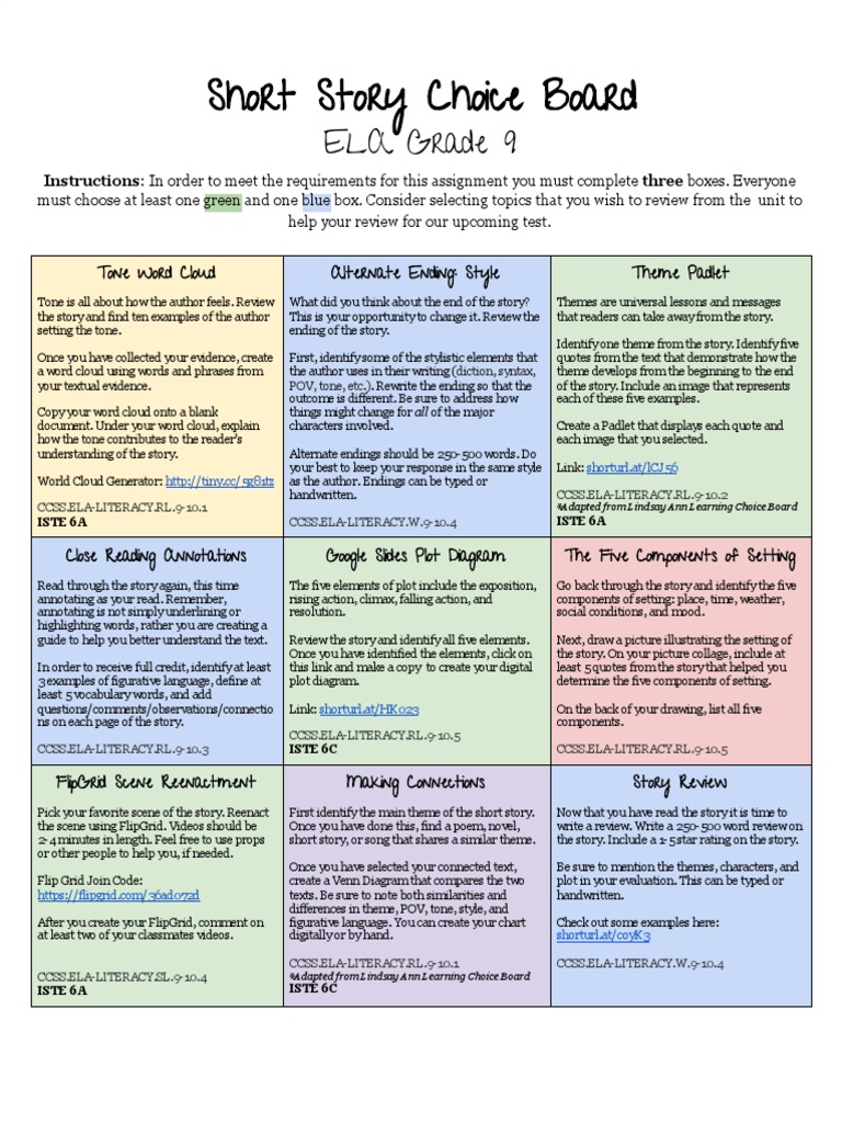 Short Story Choice Board 3 | PDF | Narration | Rubric (Academic)