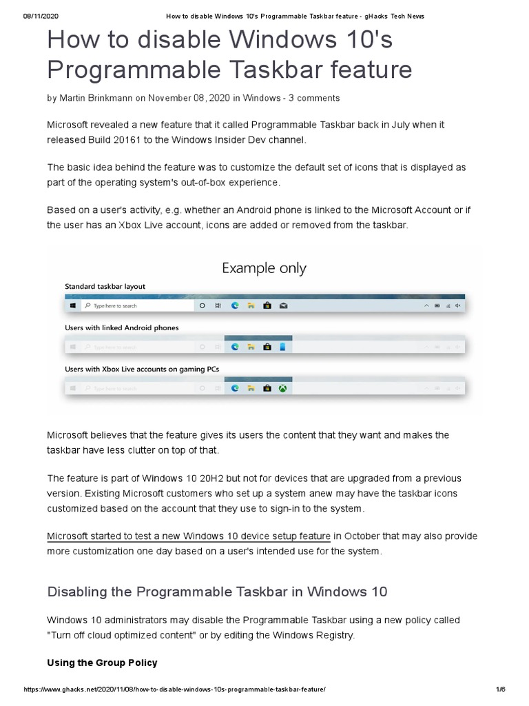 How To Disable Windows 10's Programmable Taskbar Feature - Ghacks Tech ...