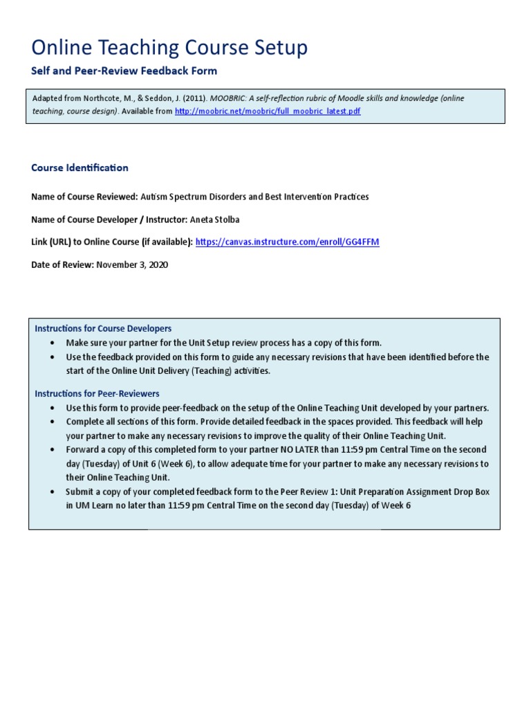 Online Teaching Course Setup Peer Review Form For Aneta Stolba | PDF ...
