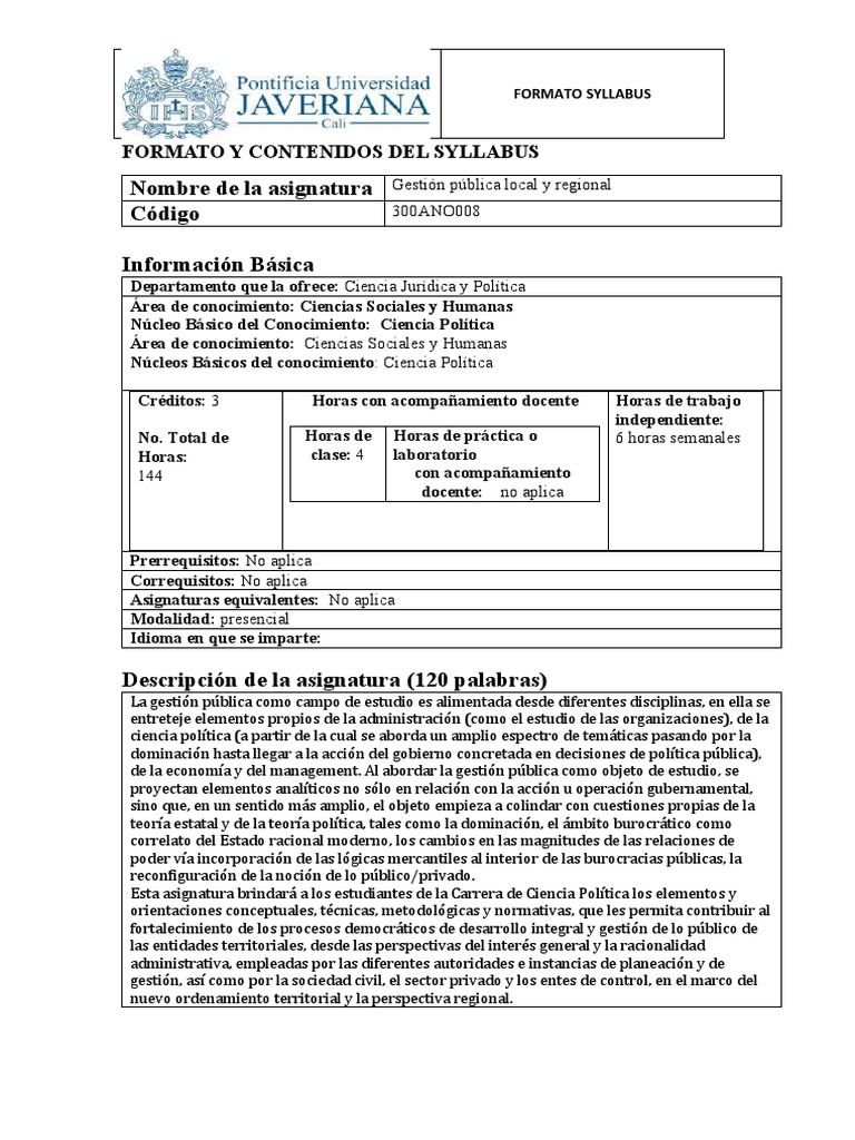 Syllabus de Gestión Pública Local y Regional | PDF | Administración ...