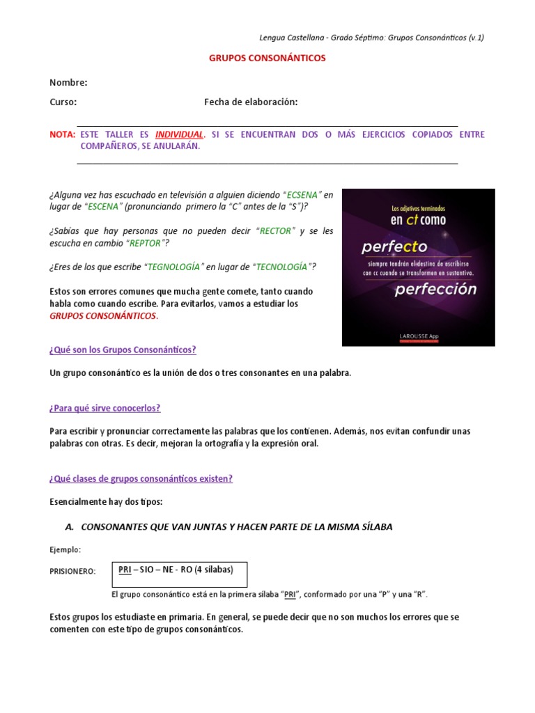 Taller - GRUPOS CONSONANTICOS - (v.1) | PDF | Gatos | Sílaba