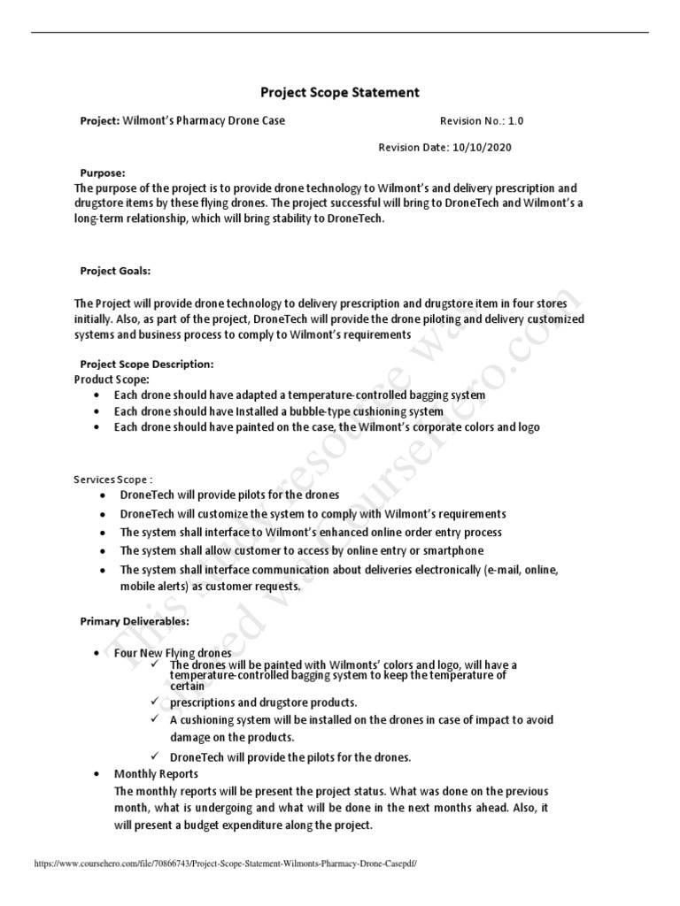 Project Scope Statement Wilmont S Pharmacy Drone Case PDF | PDF ...