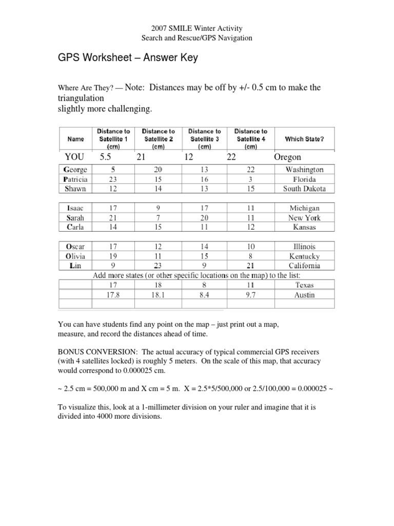 GPS Worksheet - Answer Key: Triangulation Slightly More Challenging ...