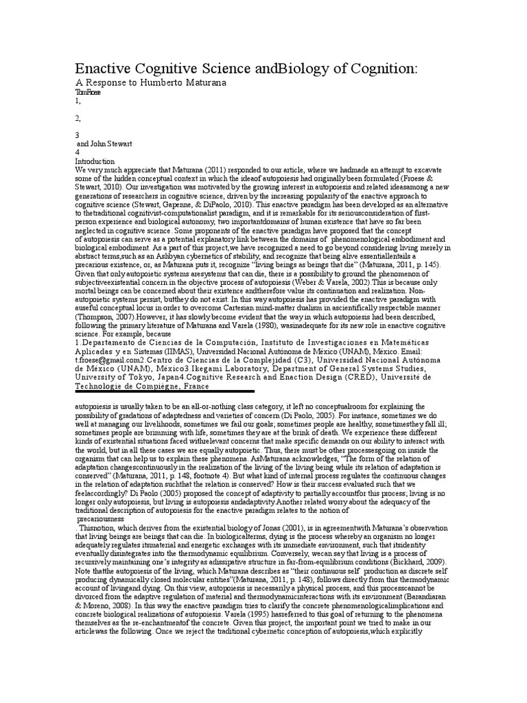 Enactive Cognitive Science Andbiology of | PDF | Embodied Cognition ...