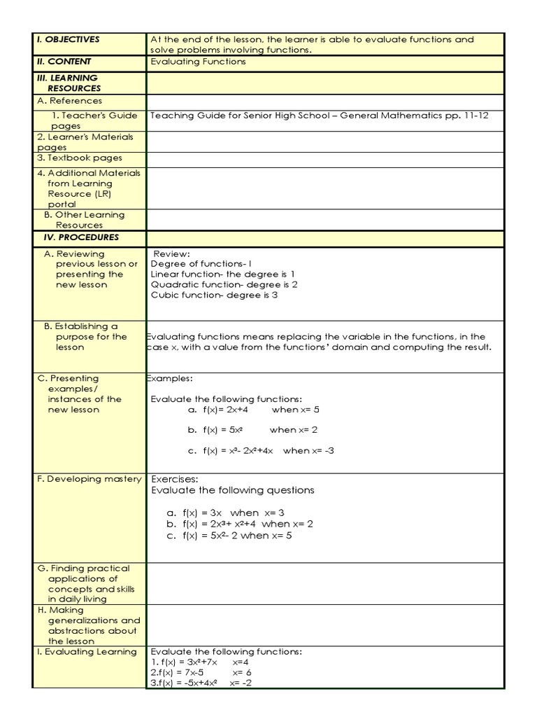 Lesson Plan Evaluating Functions Pdf Function Mathematics
