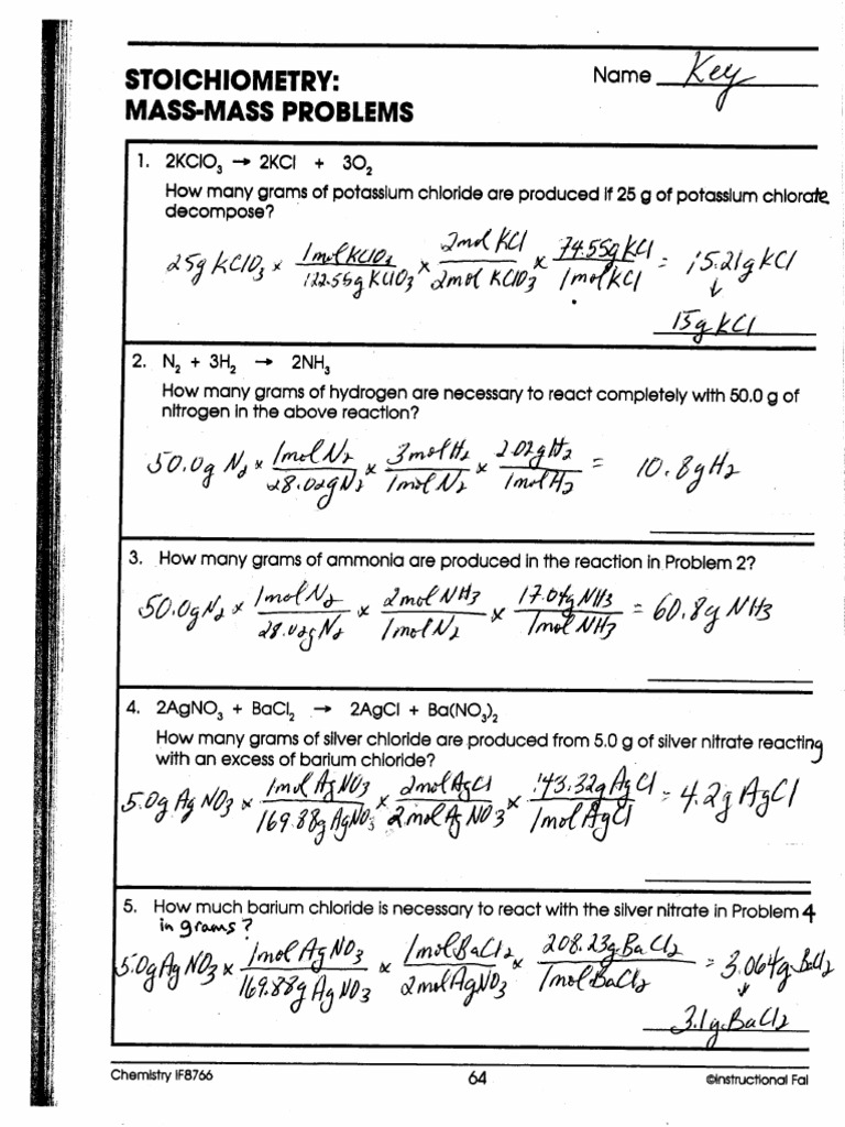 Stoich. Mass-Mass Problems Answer Key | PDF