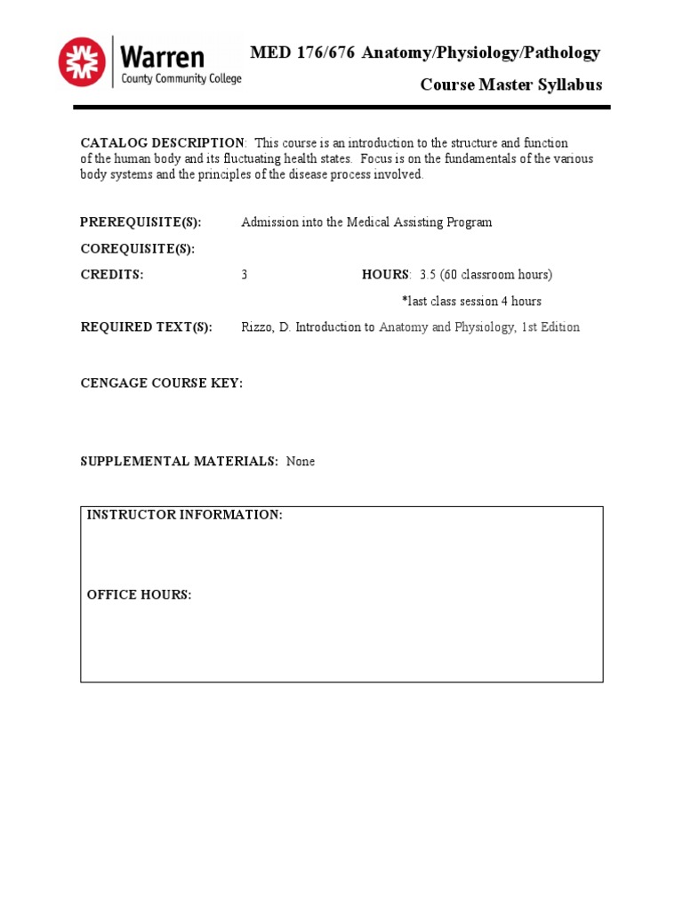 MED 176/676 Anatomy/Physiology/Pathology Course Master Syllabus | PDF ...