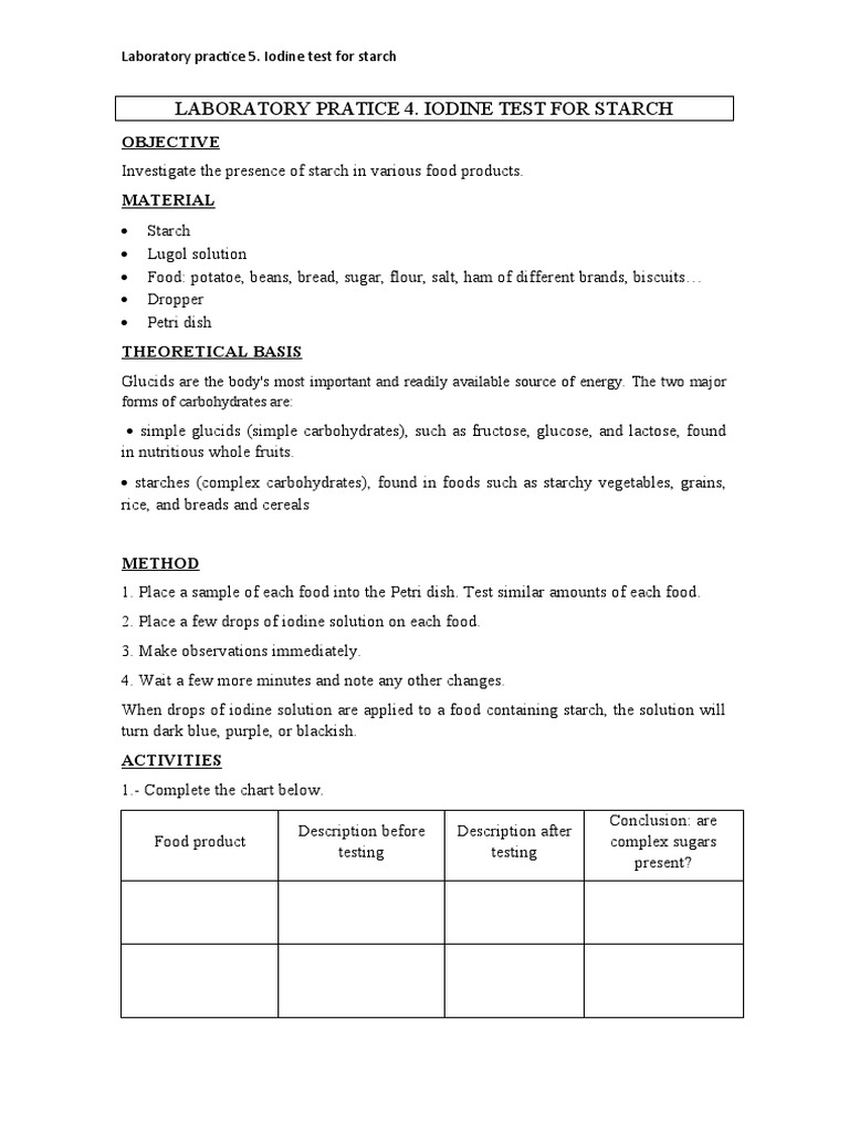 Laboratory Pratice 4. Iodine Test For Starch: Objective | PDF