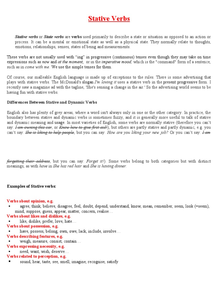 Stative Verbs or State Verbs Are Verbs | PDF | Verb | Grammar