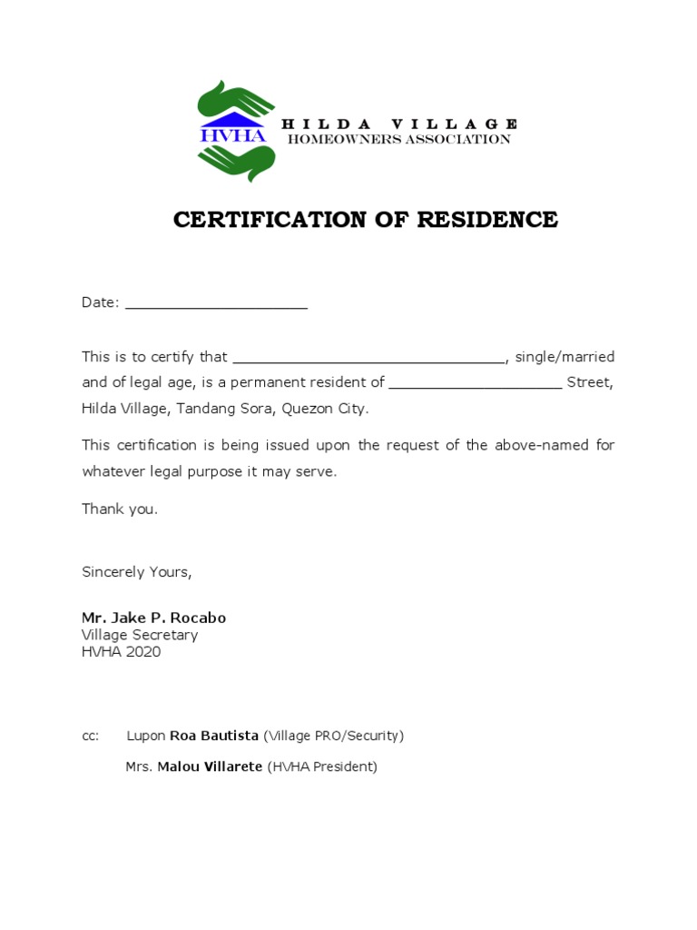 Certification of Residence | PDF
