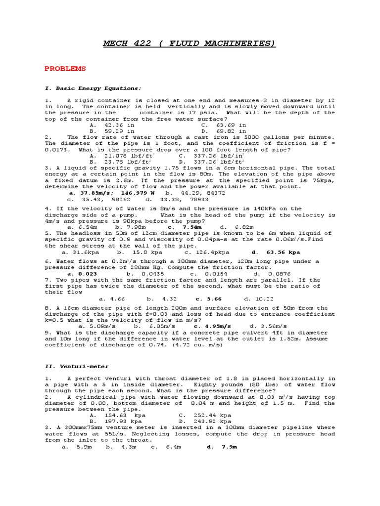 Mech 422 Problem Sets Fluid Machineries | PDF | Horsepower | Pump