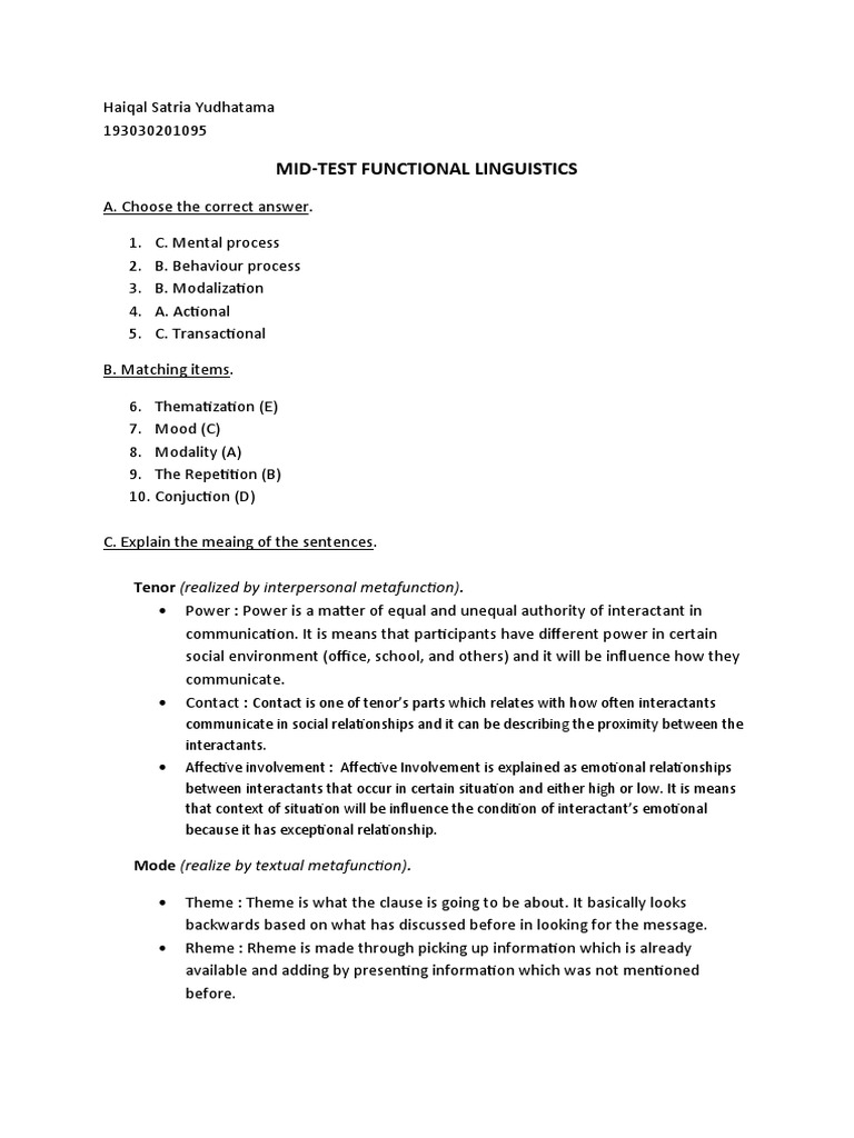 Mid-Test Functional Linguistics: Tenor (Realized by Interpersonal ...