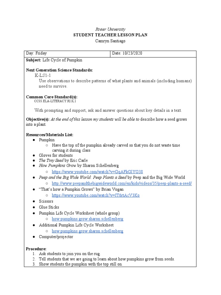 Kindergarten Pumpkin Lesson Plan | PDF | Cognition | Learning